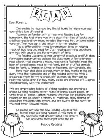 reading log parent letter - Life Between Summers